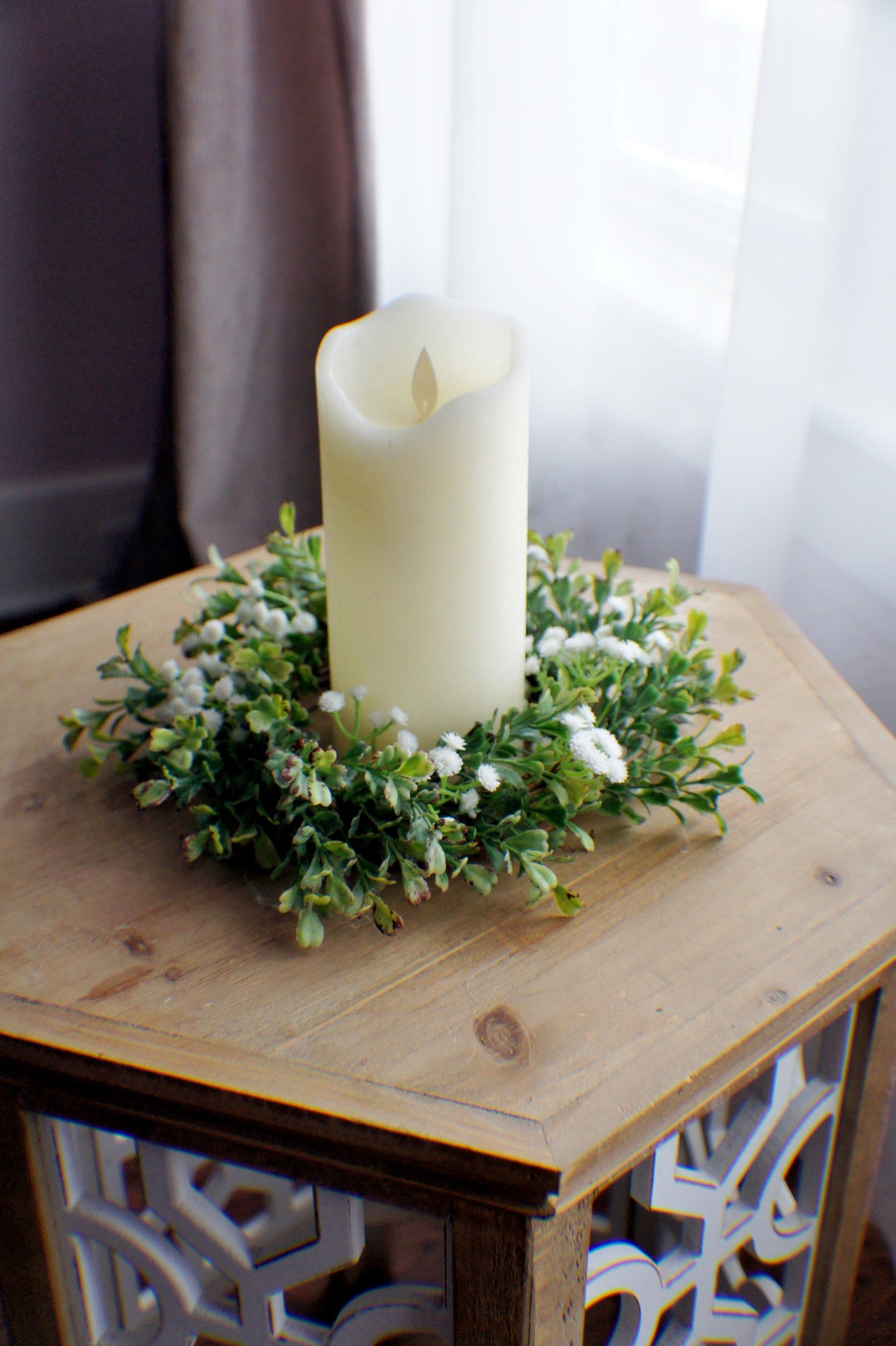 Farmhouse Candle Ring Boxwood and Baby's Breath, Spring or Summer ...