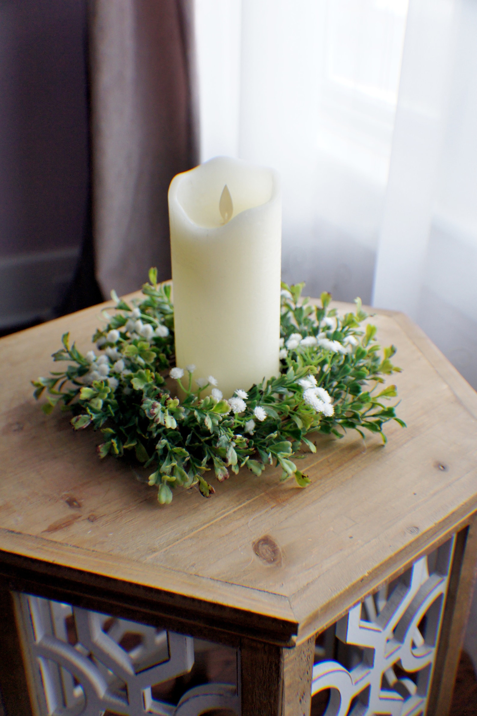 Farmhouse Candle Ring Boxwood and Baby's Breath, Spring or Summer ...