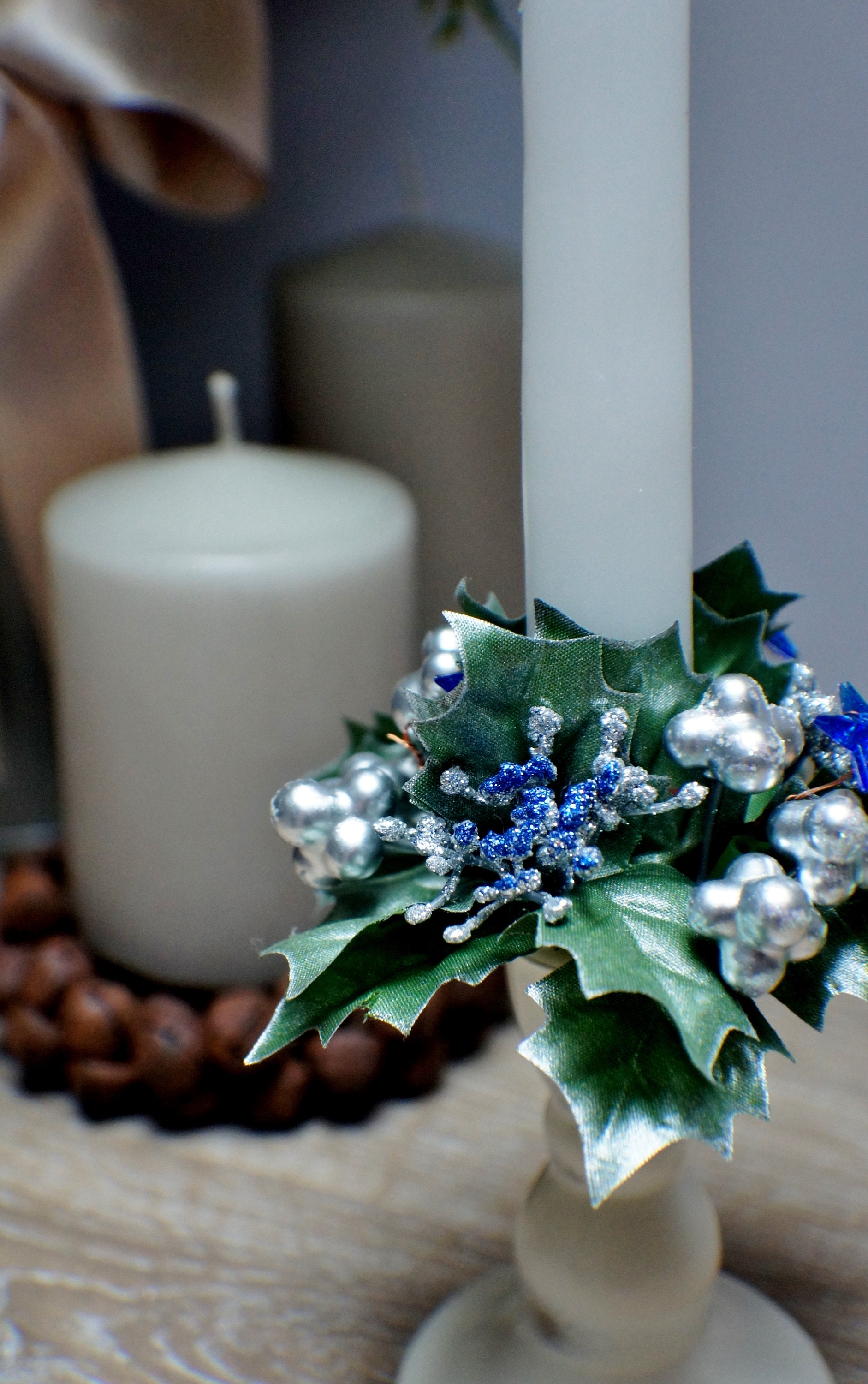 Taper Candle Ring, Farmhouse Christmas Decoration, Small Wreath, Silver ...