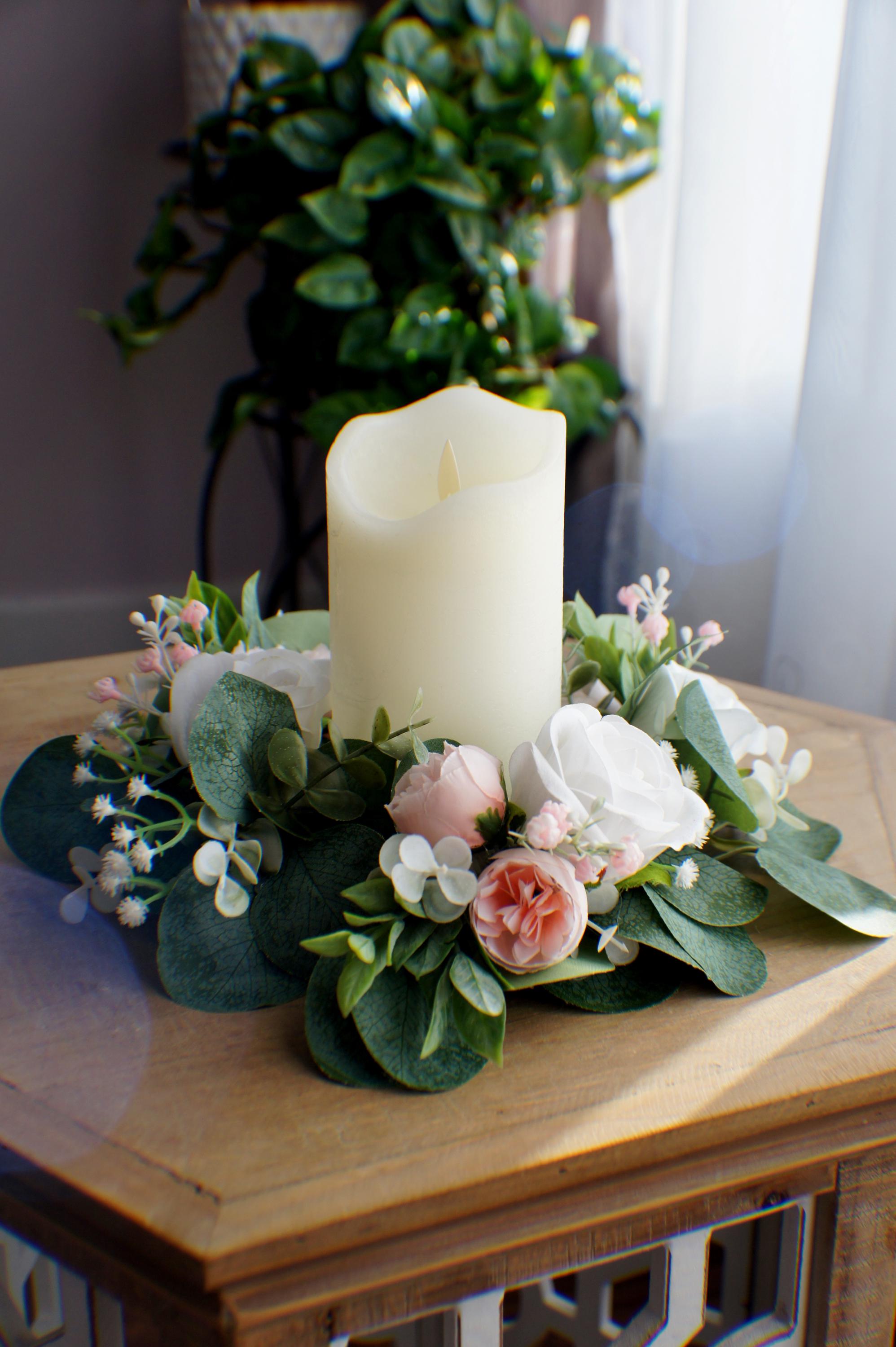 Farmhouse Candle Ring Wedding Decor Easter Decor, Roses, Eucalyptus ...