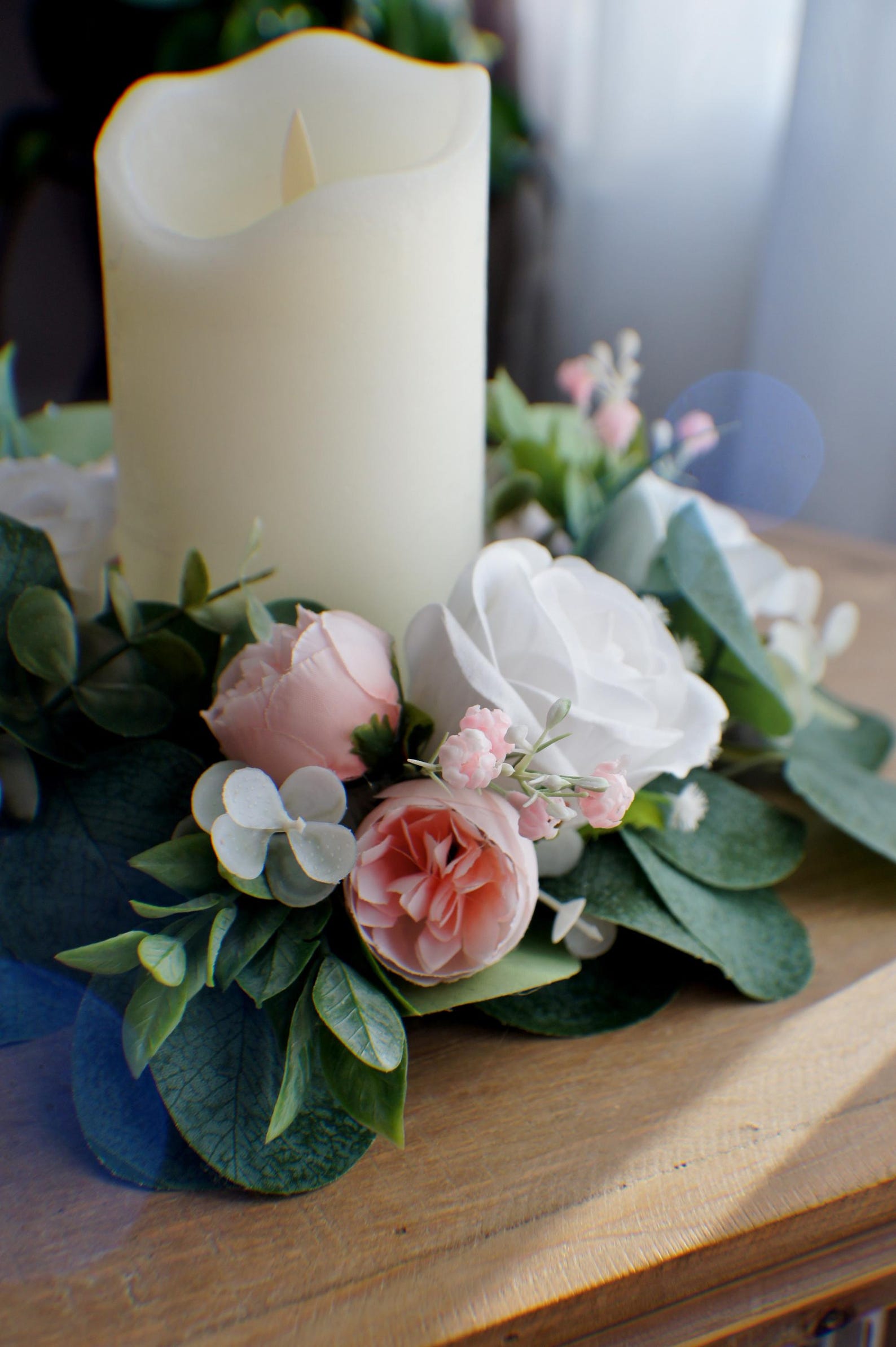 Farmhouse Candle Ring Wedding Decor Easter Decor, Roses, Eucalyptus ...