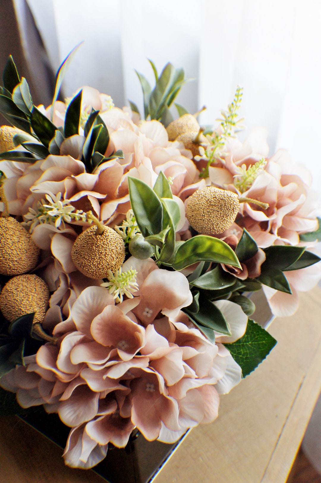 Farmhouse Arrangement Champagne Hydrangea Floral Arrangement With Real ...