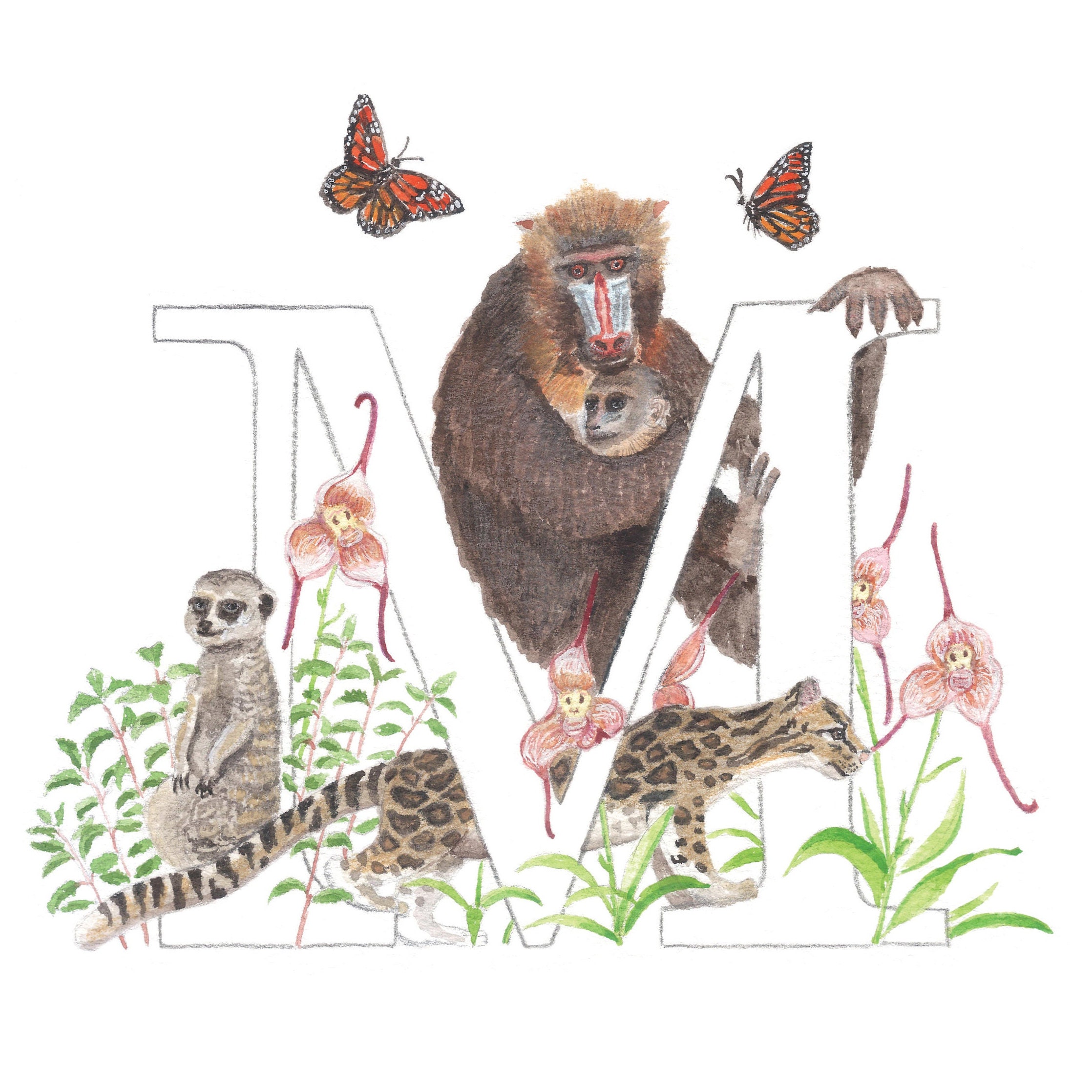Letter M Animal Watercolor Print, Personalized Nursery Decor (digital ...