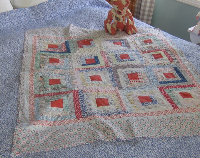 QUILT TOP - Just Darling! Vintage Multicolored Feedsack Log Cabin Quilt ...
