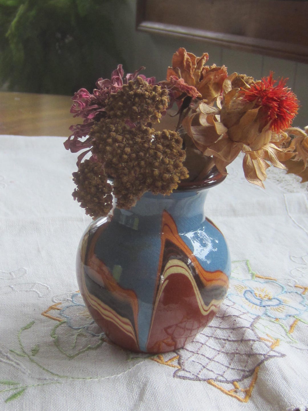 Bulgarian Redware Pottery Vase 3 .75” Tall Drip Glaze Pottery Small ...