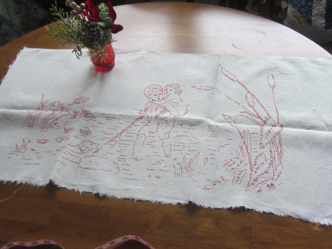 Primitive Antique Redwork Hand-embroidered Fishing Scene Tablecloth ...