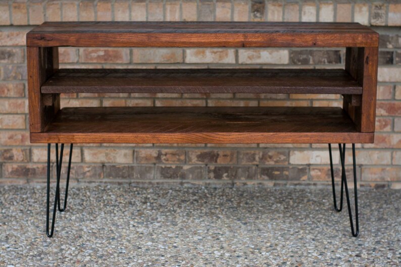 Rustic TV Stand W/ Reclaimed Barn Wood & Shelf- Solid Oak W/ 8" Hairpin ...