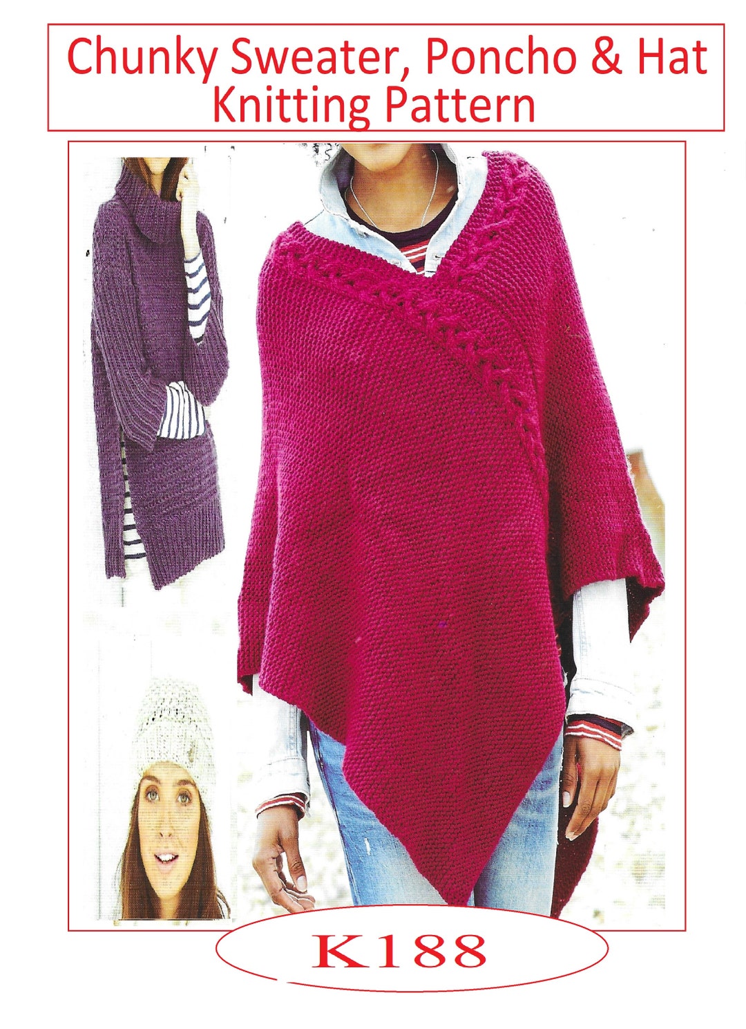 Chunky Sweater, Cable Poncho & Hat Knitting Pattern (PDF Pattern) K188 ...