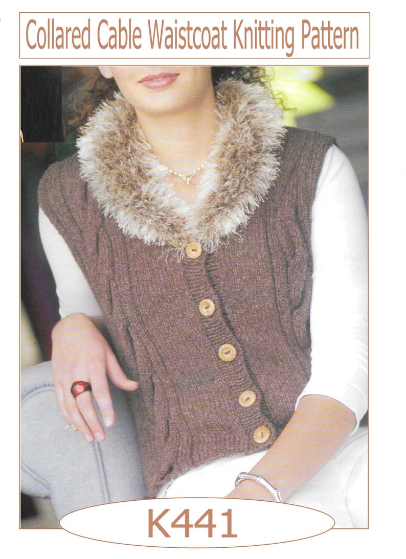 Fur Collared Waistcoat Knitting Pattern: Aran Yarn (PDF Pattern) K441 ...