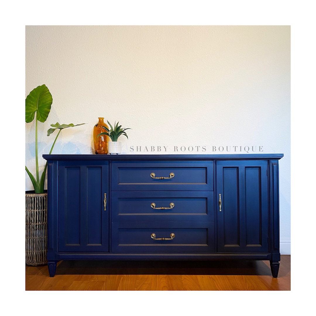 SOLD- Dark Blue Vintage Cabinet Buffet Mid Century Sideboard Credenza ...