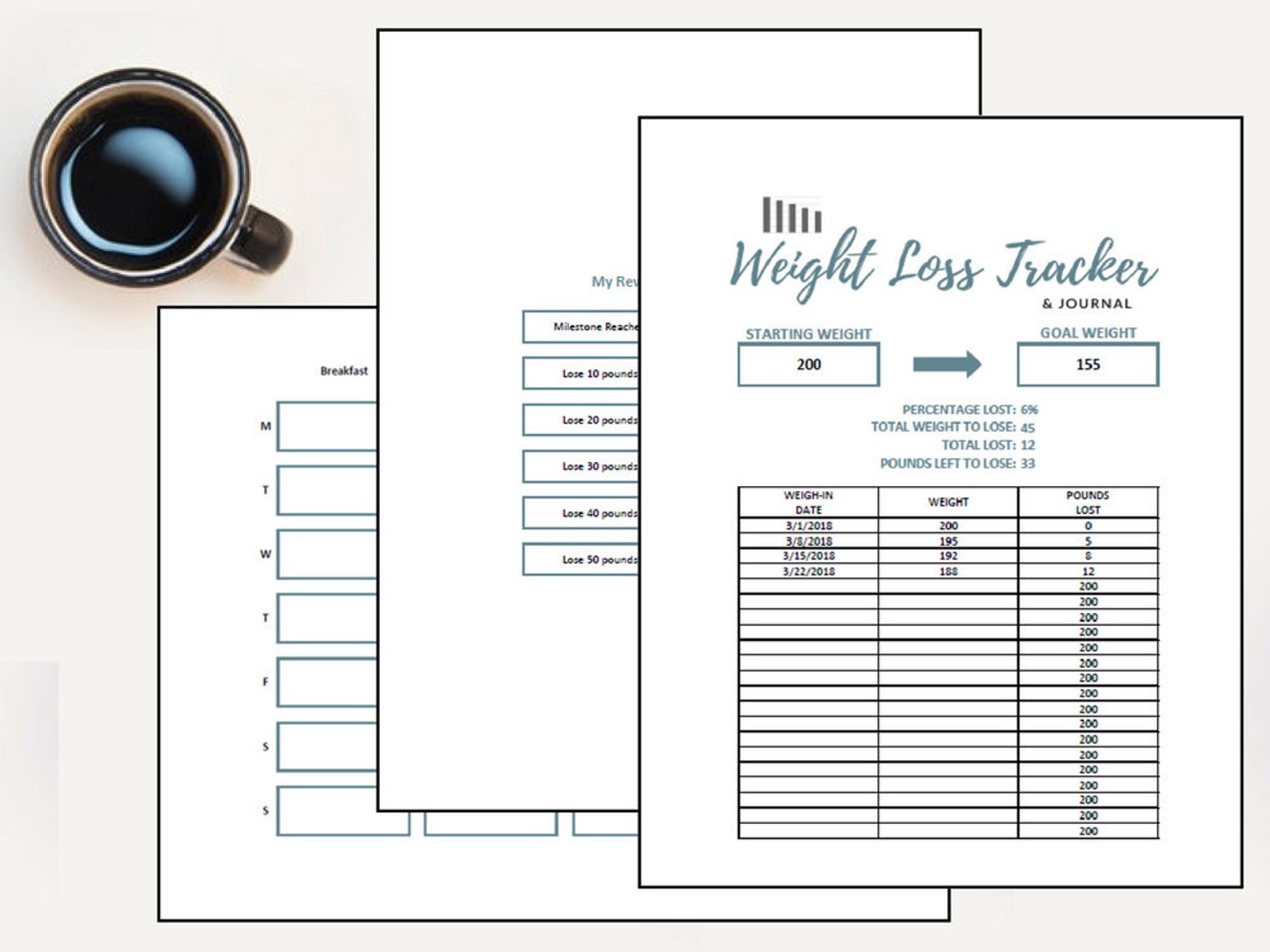 Weight Loss Tracker Diet Tracker Food Diary Goal Planner Food Journal ...