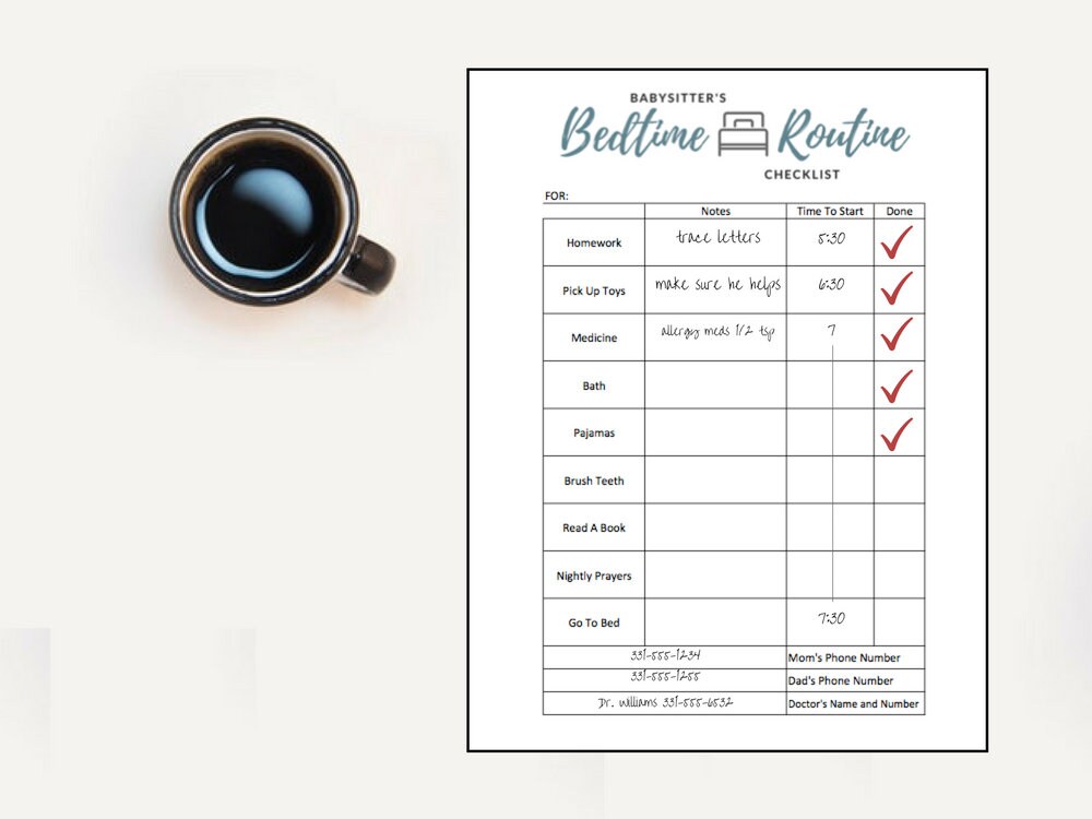 Bedtime Routine Babysitter Checklist Evening Checklist Bedtime ...