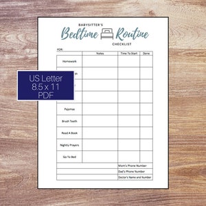 Bedtime Routine Babysitter Checklist Evening Checklist Bedtime ...
