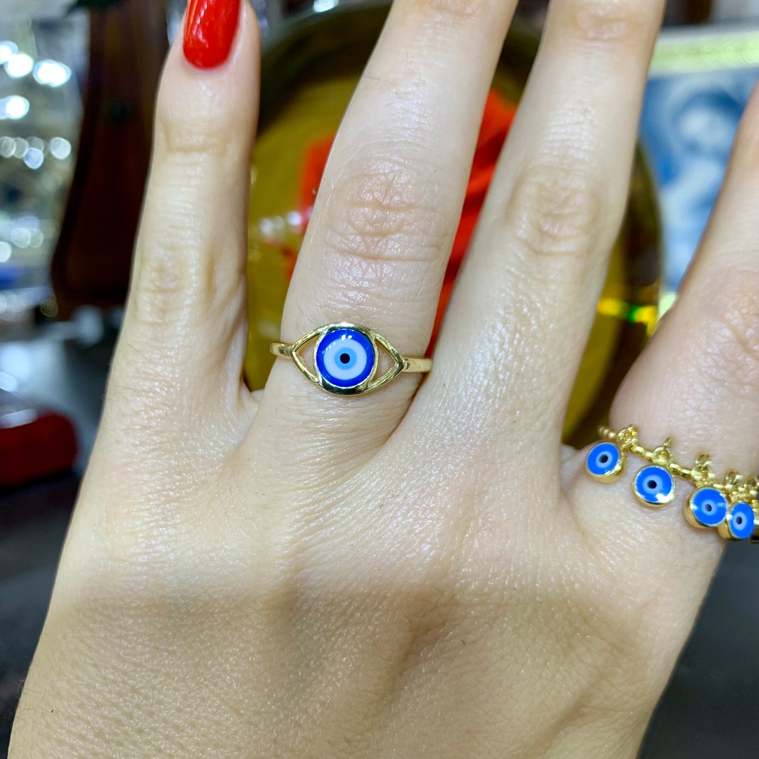 Dainty 14kt Yellow Gold Evil Eye Ring and Dangle Evil Eye Ring - Etsy