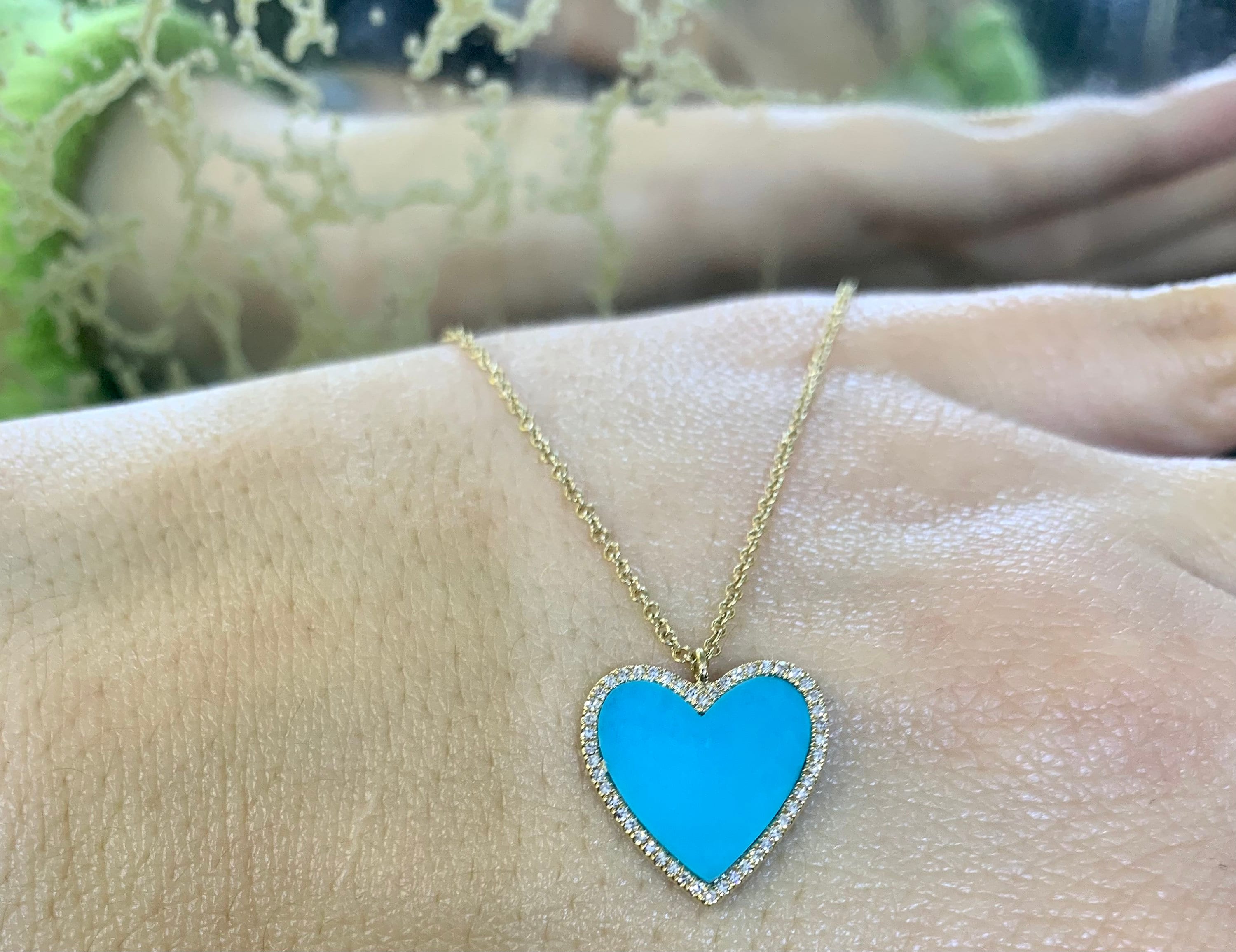 14kt Yellow Gold Turquoise and Diamond Heart Necklace Etsy