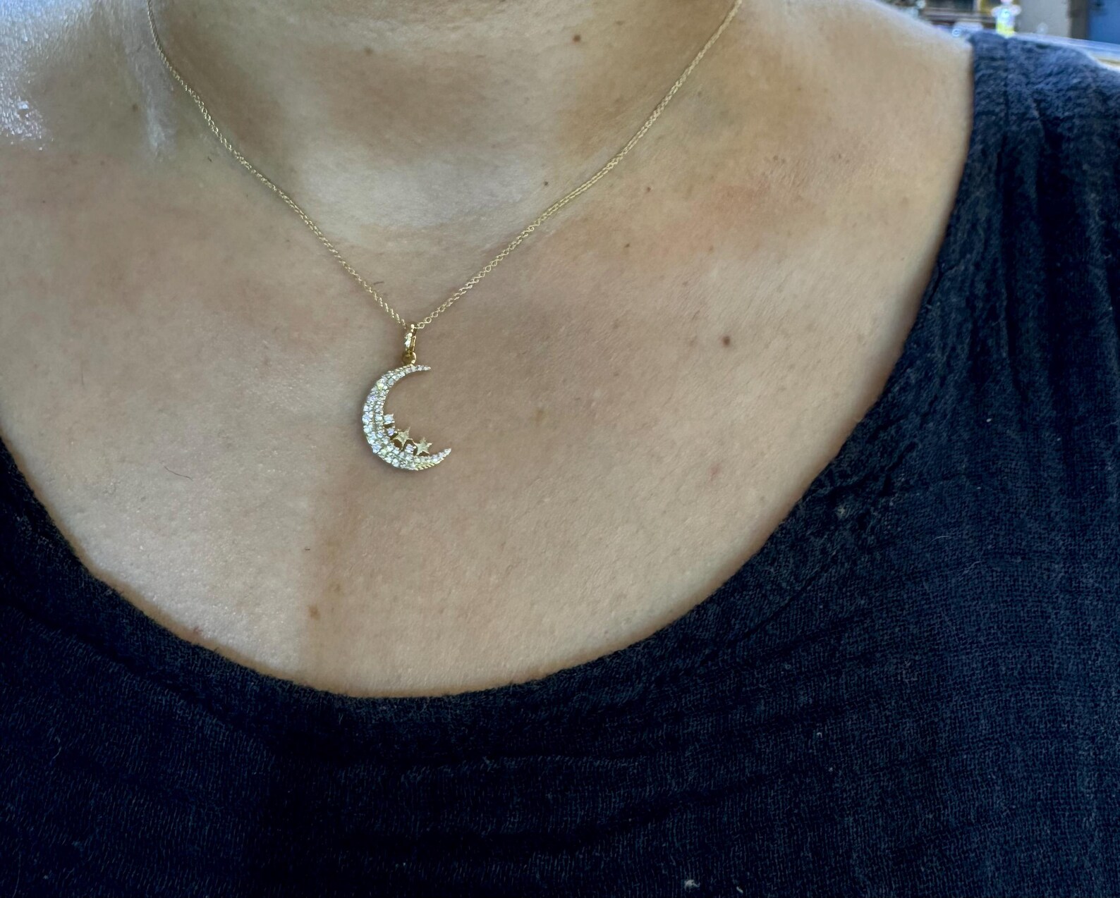 14kt Yellow Gold Diamond Moon and Star Necklace - Etsy