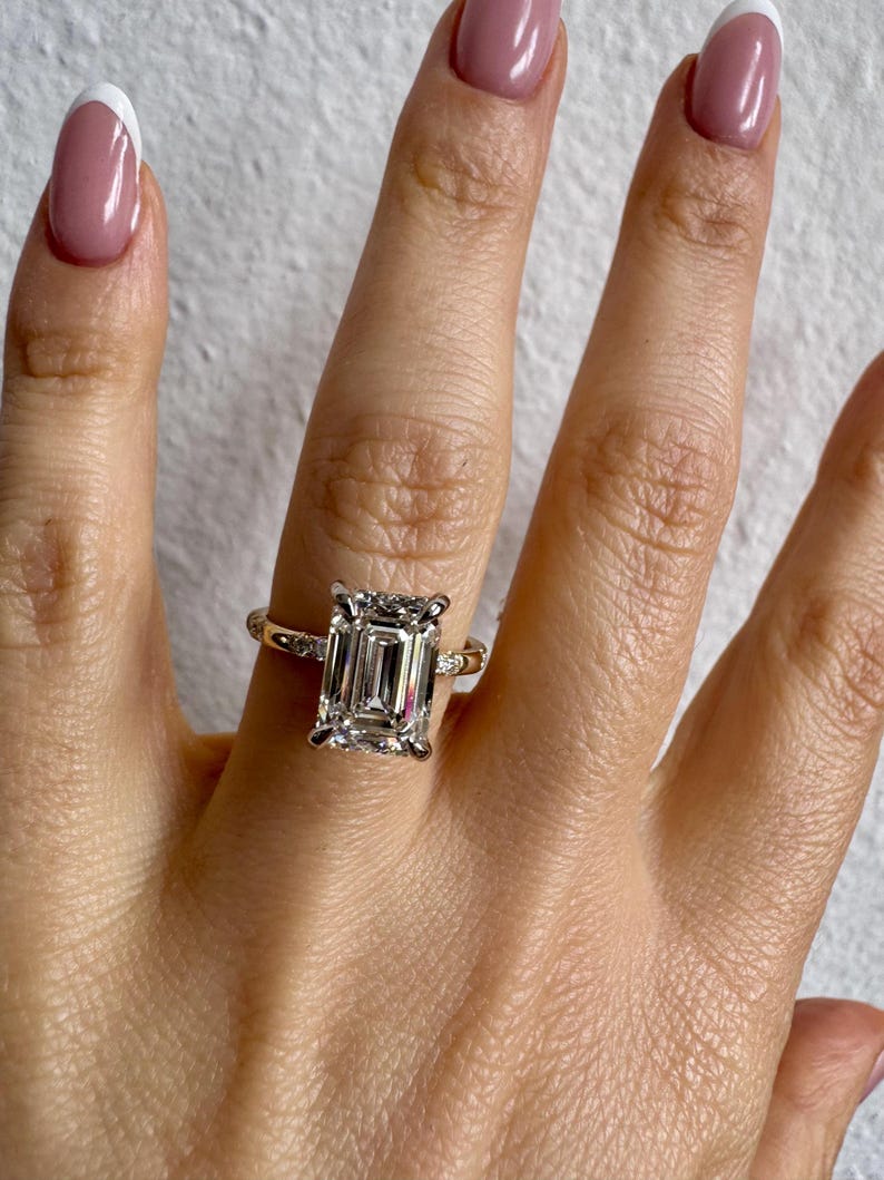 Custom-made 14kt Yellow Gold Emerald-cut Lab Grown and Natural Diamond ...