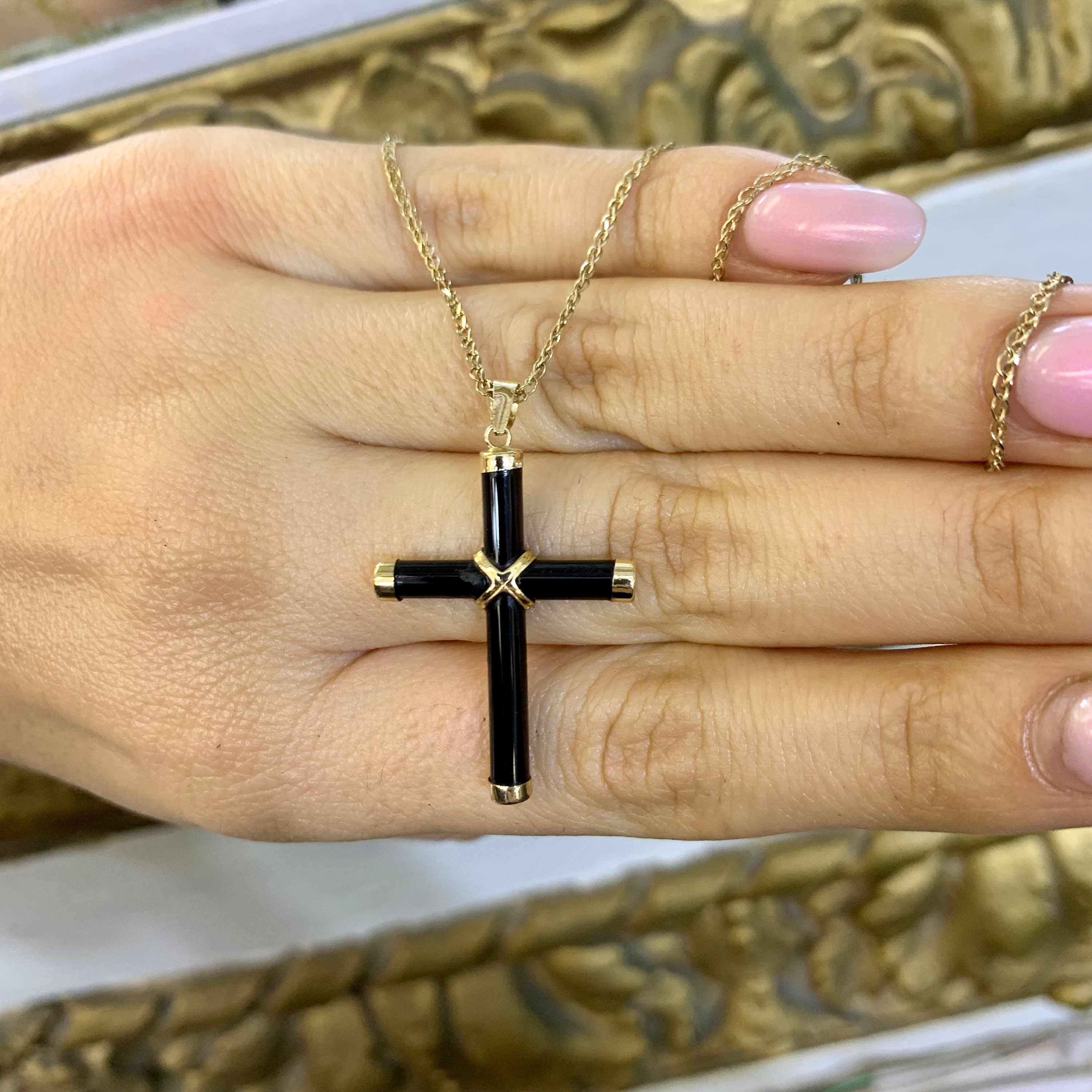 14kt Yellow Gold Onyx Cross Necklace Etsy