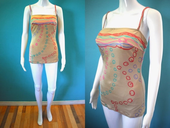 80s Womens Swimsuit 1980s Beige One Piece Bathing S… Gem