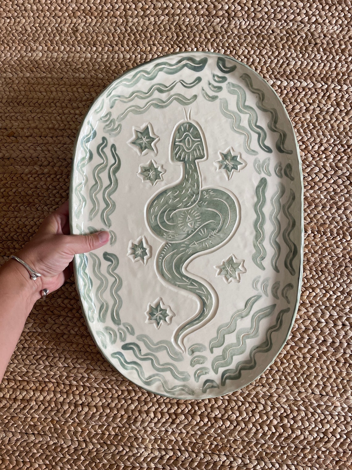 Snake Spirit Platter - Green - Snake Platter - Ceramic Oval Platter ...