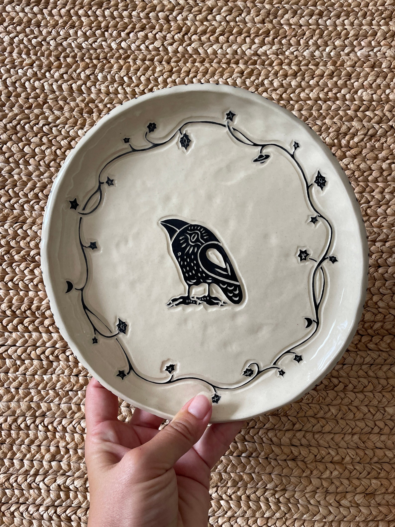 Magpie and Cosmos Vine Plate - 8 Inch Plate - Handmade Black and White ...