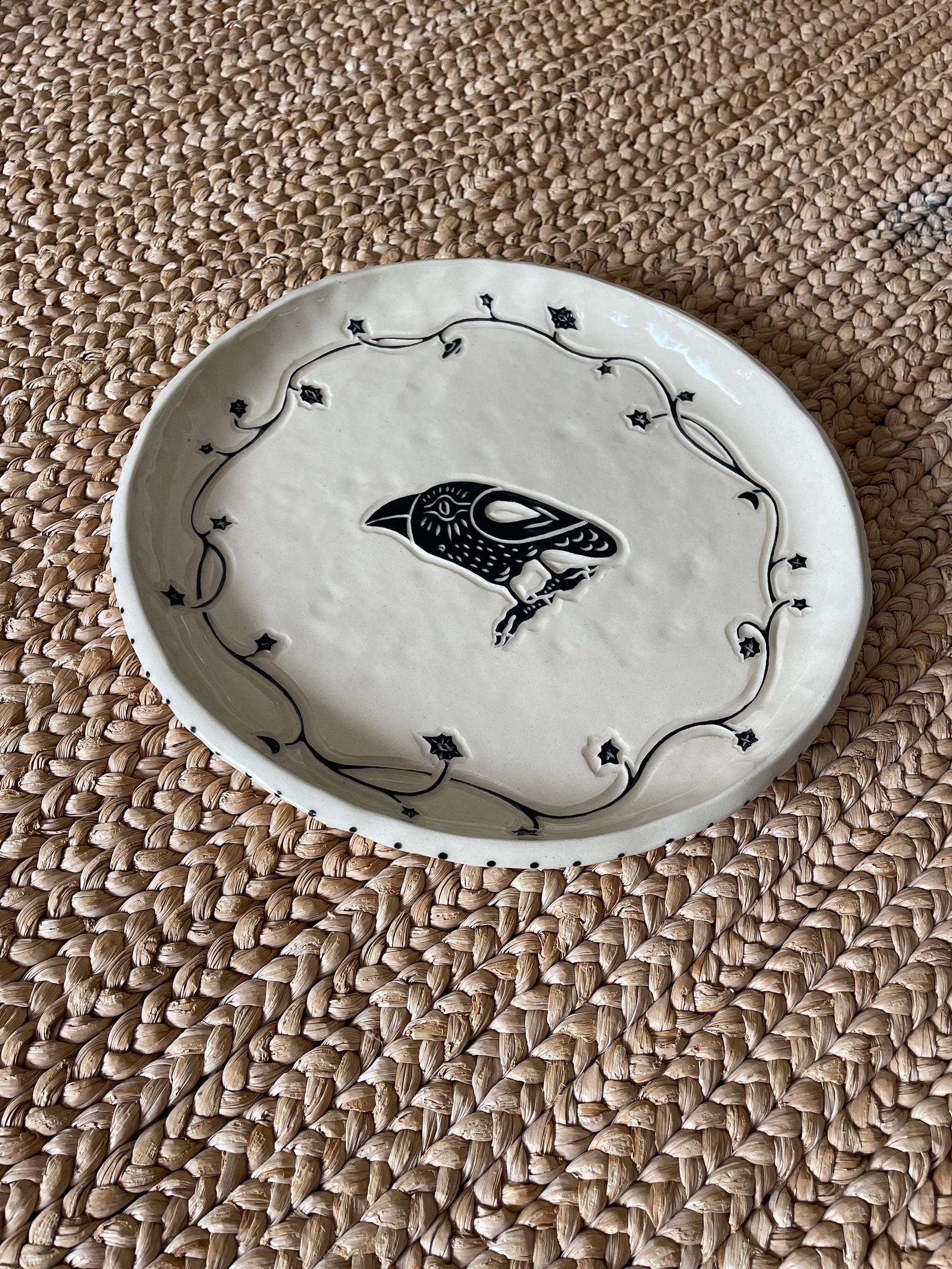 Magpie and Cosmos Vine Plate - 8 Inch Plate - Handmade Black and White ...