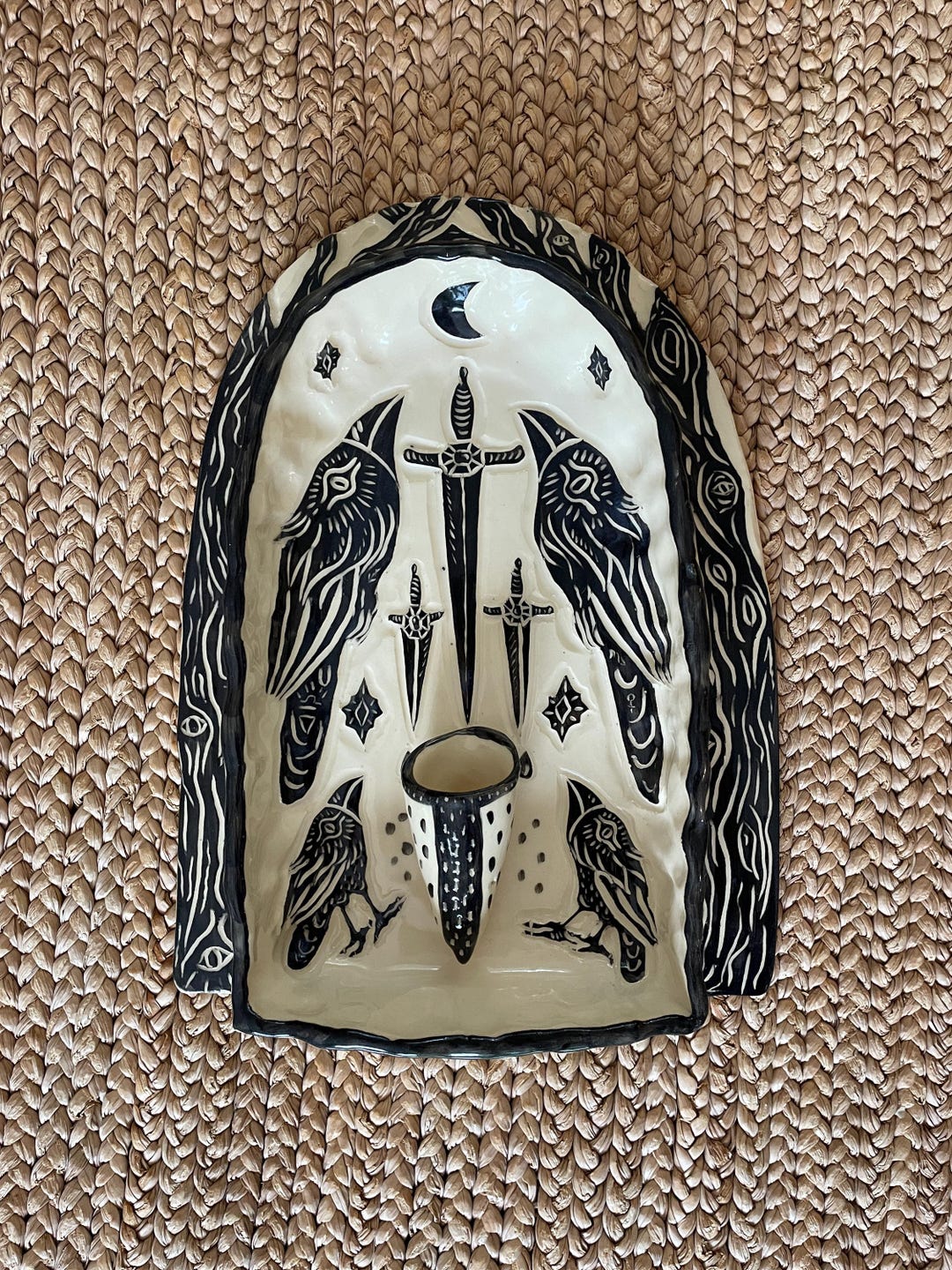Crow Spirit and Daggers Altar - Ceramic Altar Wall Hanging - Burnt ...
