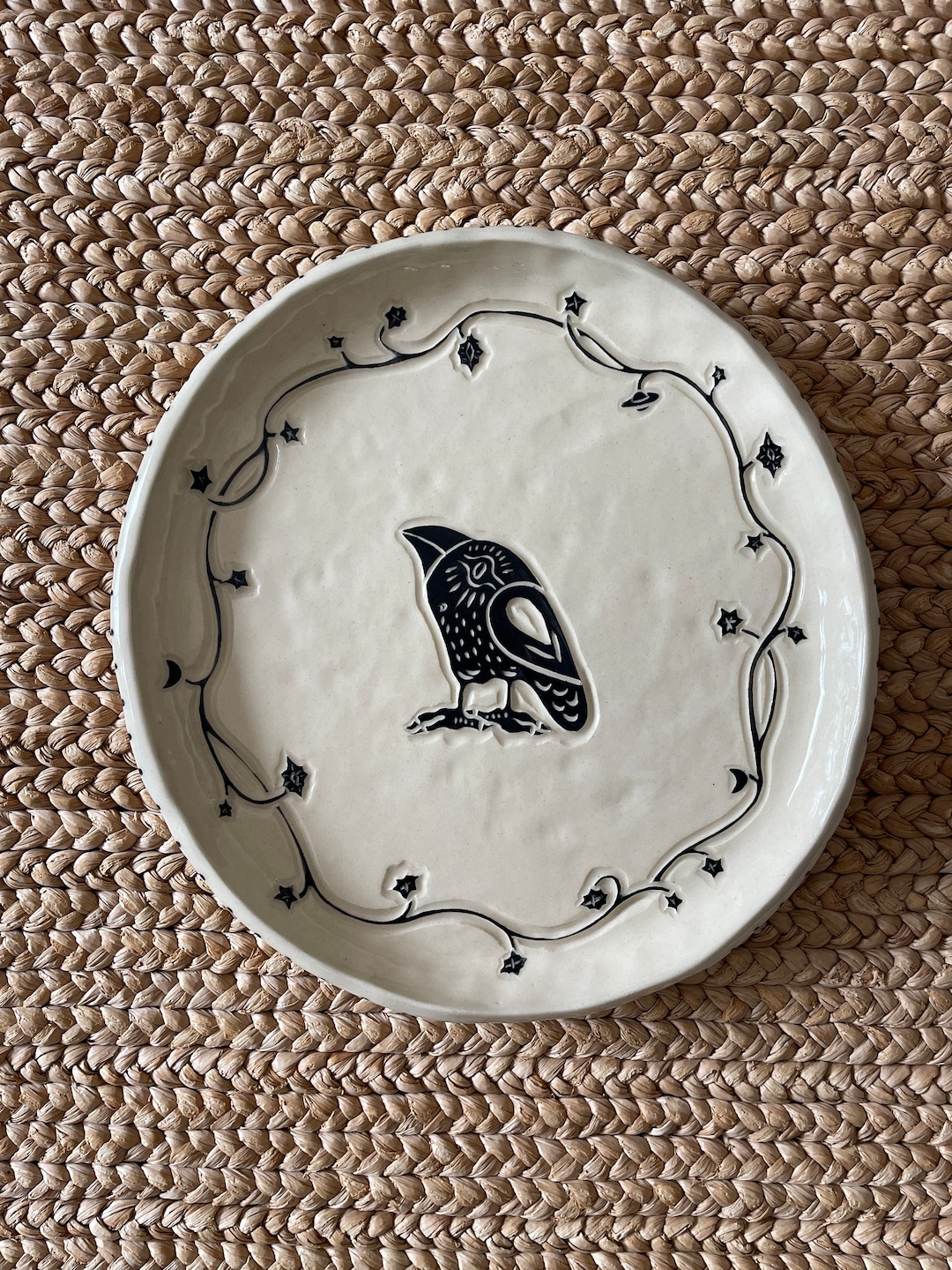 Magpie and Cosmos Vine Plate - 8 Inch Plate - Handmade Black and White ...