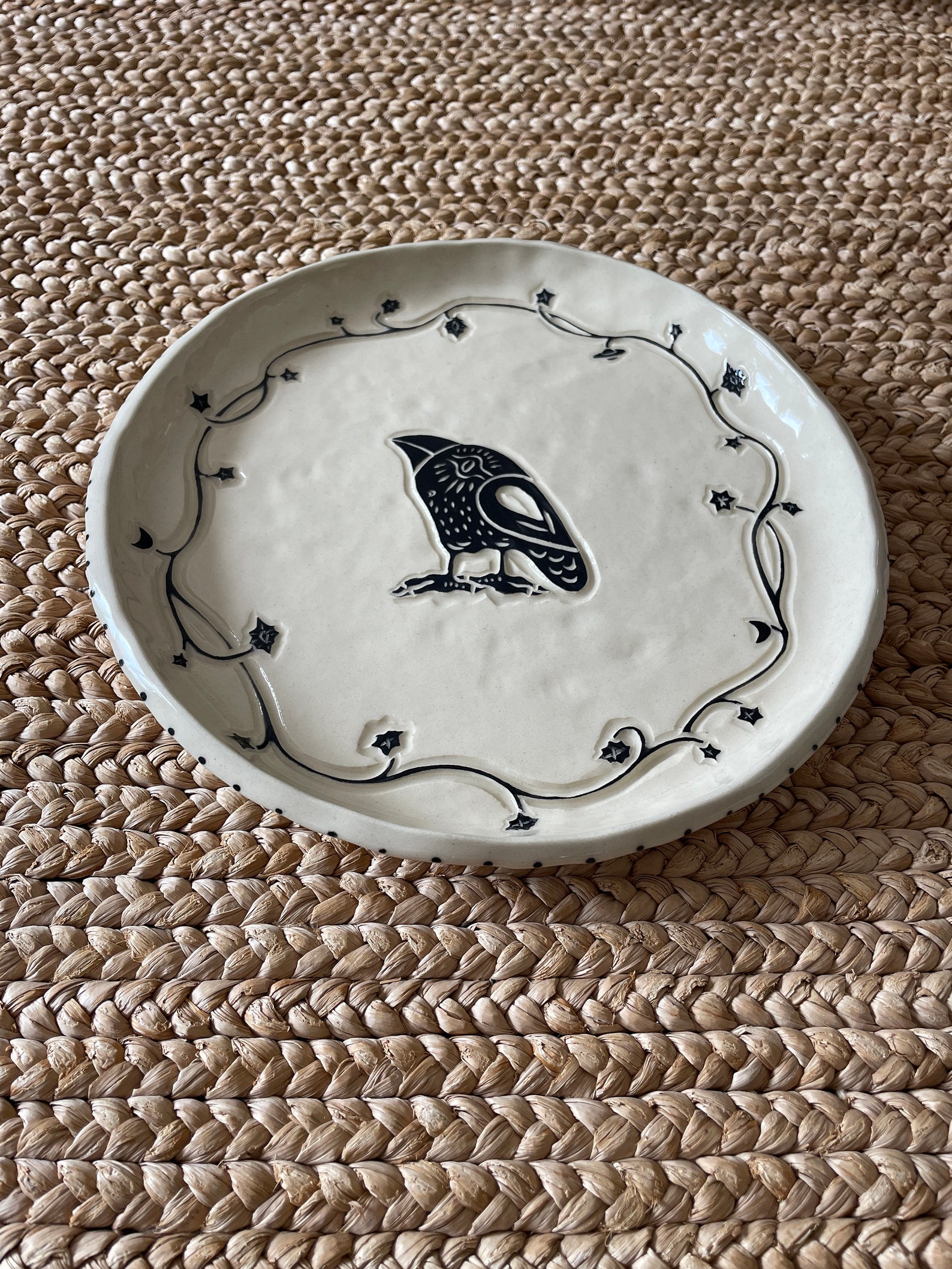 Magpie and Cosmos Vine Plate - 8 Inch Plate - Handmade Black and White ...