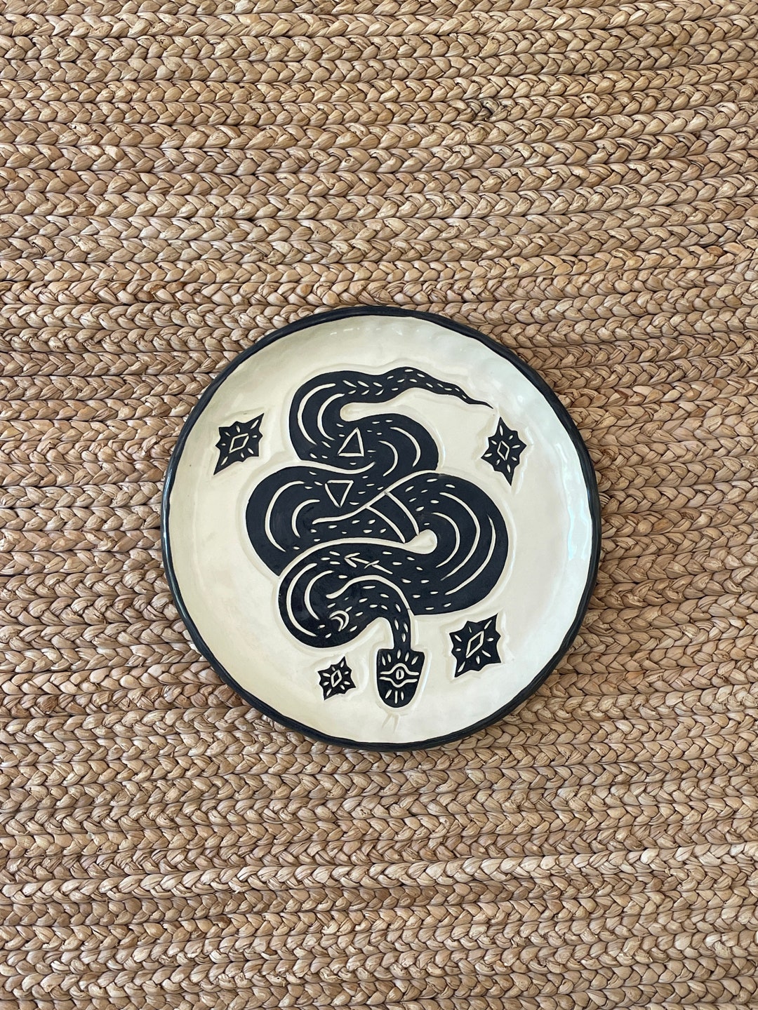 Snake Spirit Plate Snake and Stars Plate 8'' White Clay With Black ...