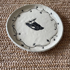 Magpie and Cosmos Vine Plate - 8 Inch Plate - Handmade Black and White ...