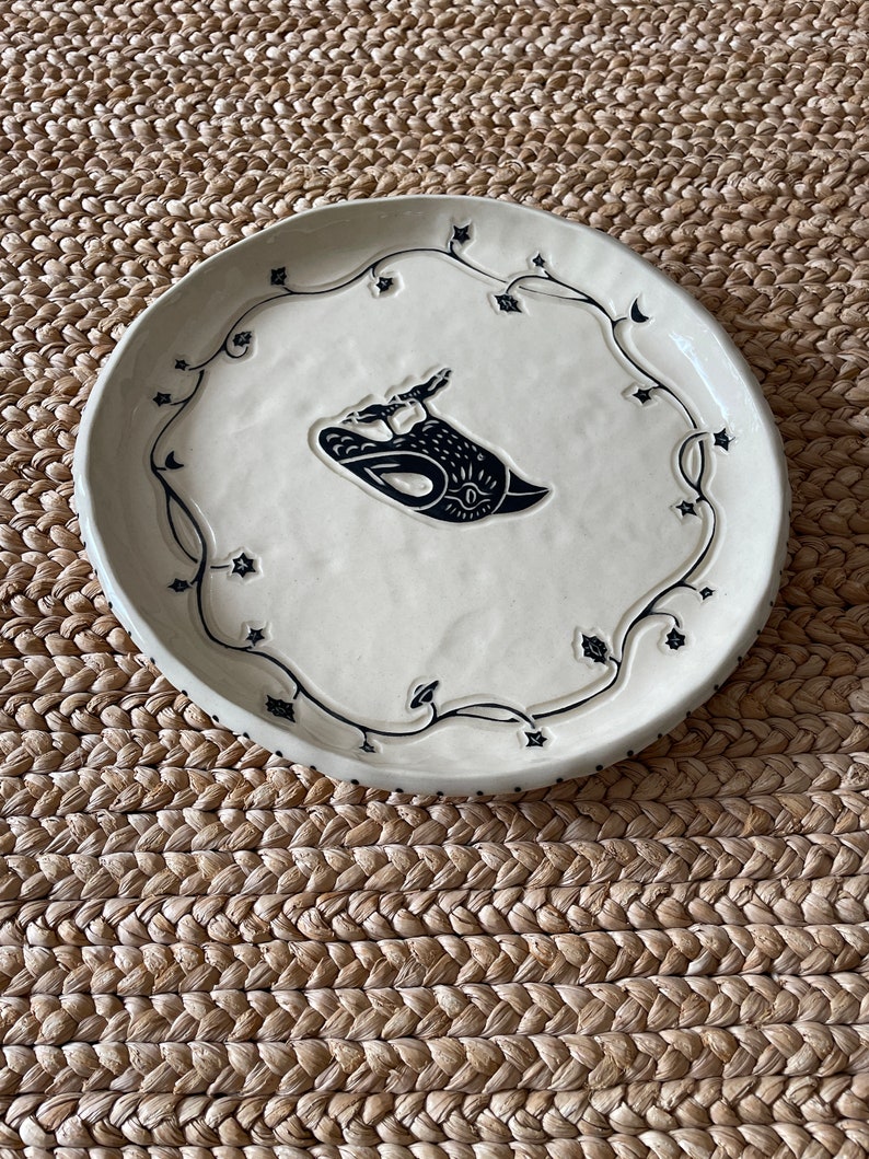 Magpie and Cosmos Vine Plate - 8 Inch Plate - Handmade Black and White ...