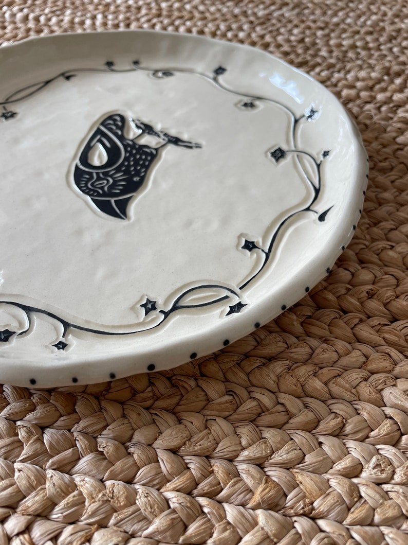 Magpie and Cosmos Vine Plate - 8 Inch Plate - Handmade Black and White ...
