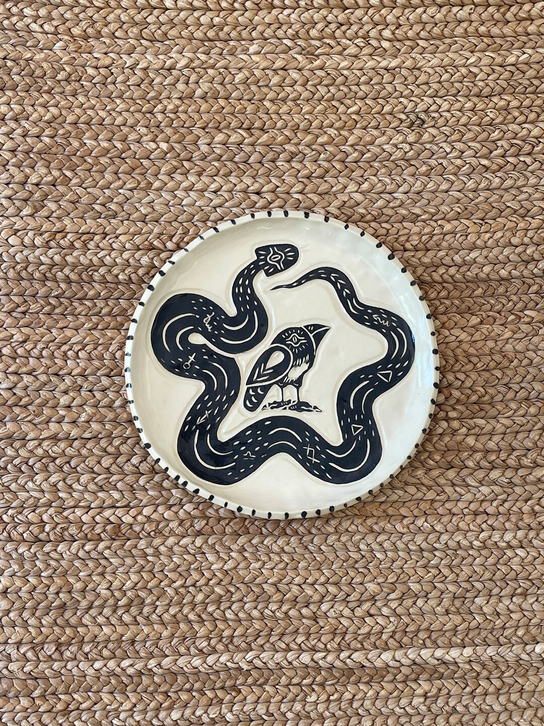Snake Spirit Plate Snake and Magpie Plate 8'' White Clay With Black ...