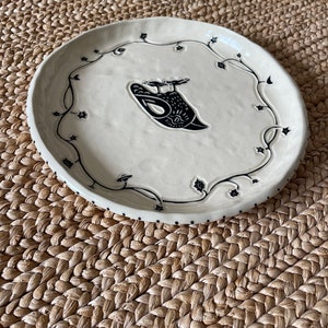 Magpie and Cosmos Vine Plate - 8 Inch Plate - Handmade Black and White ...
