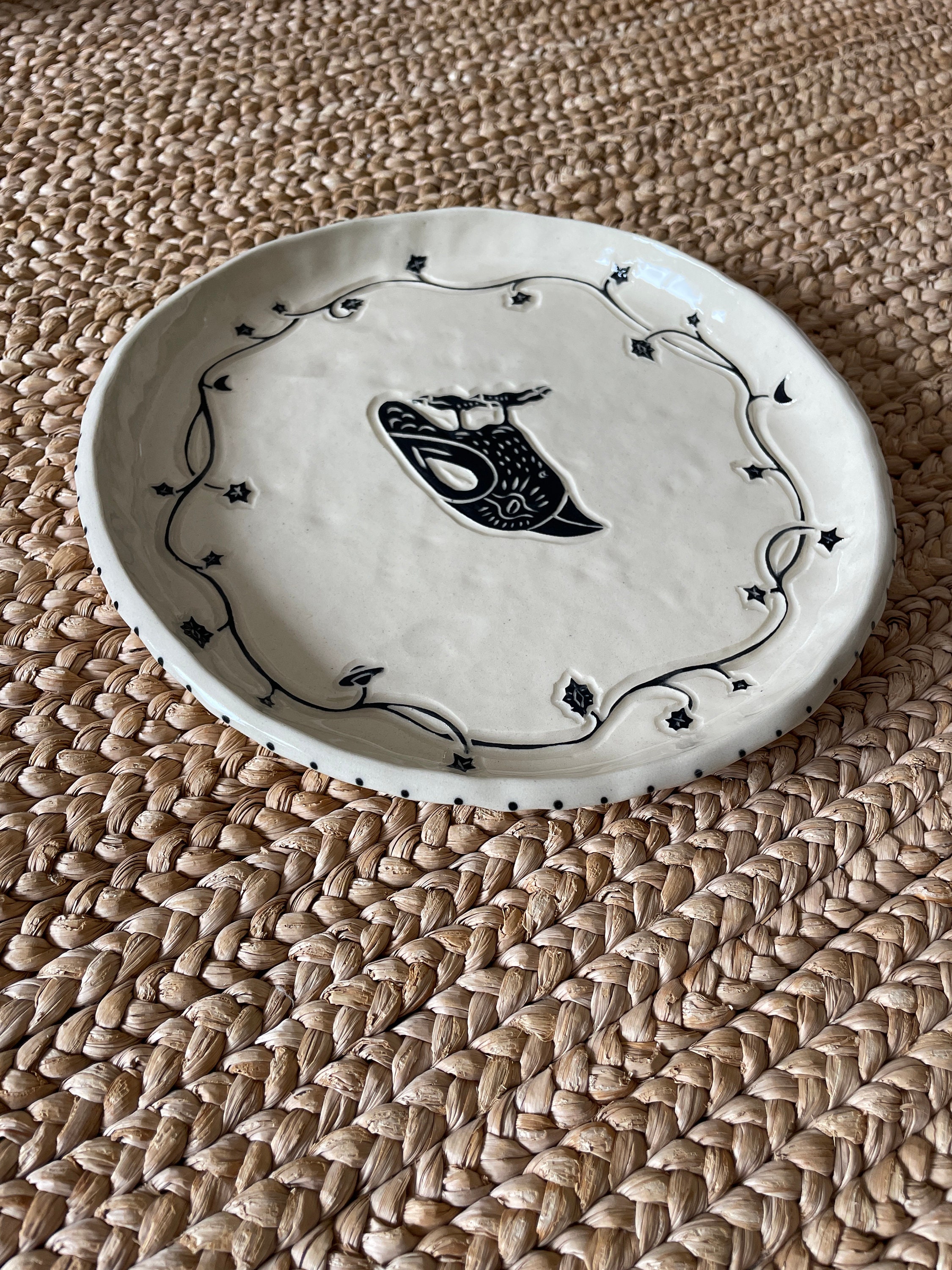 Magpie and Cosmos Vine Plate - 8 Inch Plate - Handmade Black and White ...