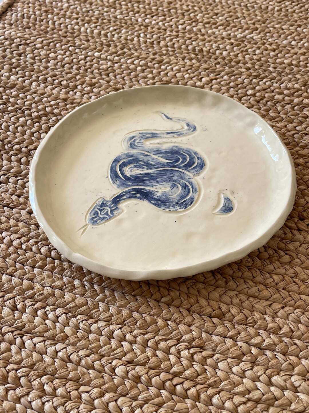 Snake Spirit Plate - Blue and White Pottery Snake Plate - 8'' - White ...