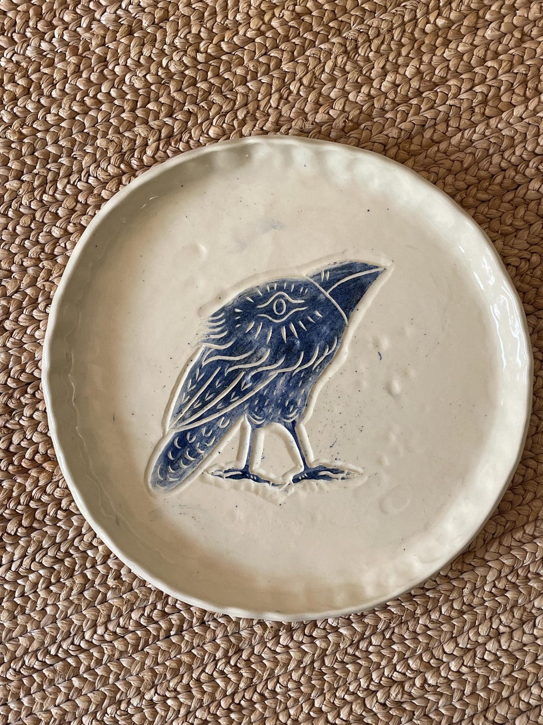11 Inch Platter - Crow Serving Platter - Handmade Blue and White ...