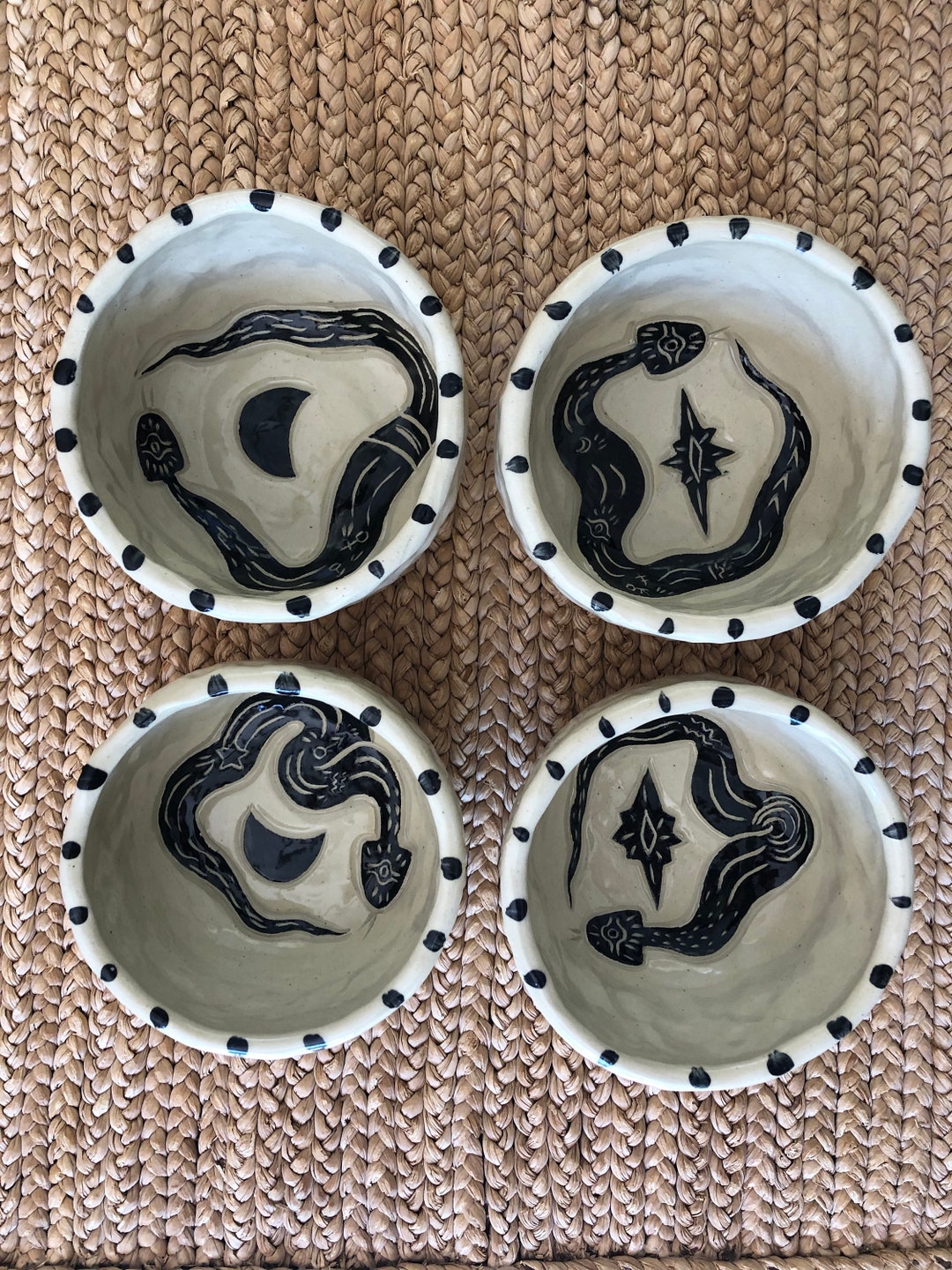 Made to Order - 5'' Snake Bowls - White Clay/black Sgraffito - Set of 4 ...