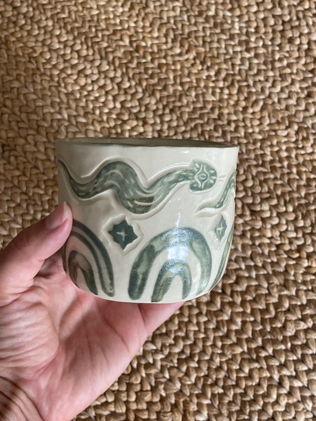 Green Snake Spirit Mug With Arches and Stars - Handbuilt Ceramic Mug ...