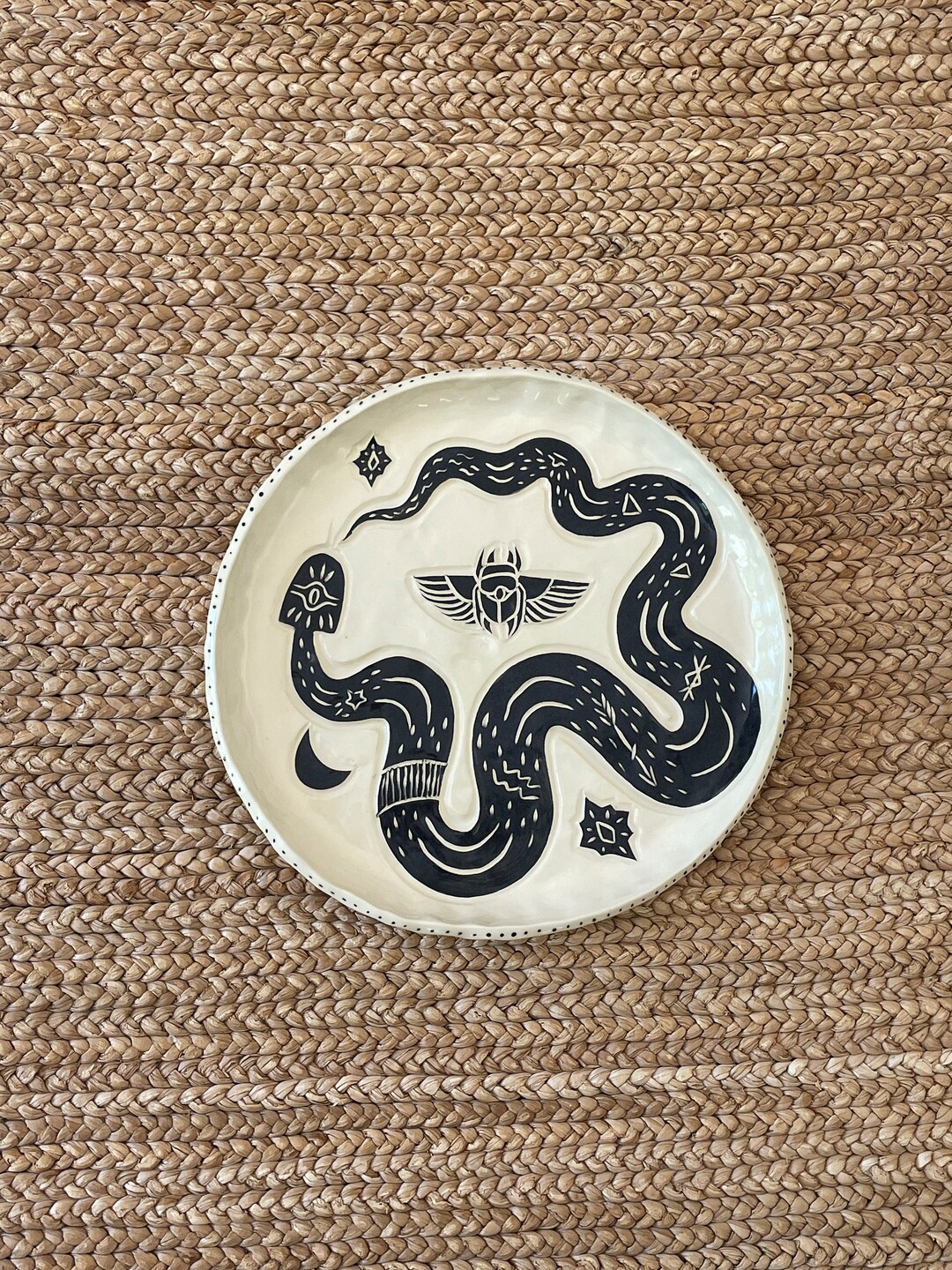 Snake Spirit Plate - Snake and Sacred Scarab Plate - 10'' - White Clay ...