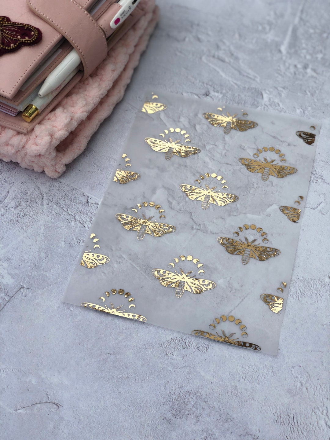 Moon Phase Moths Design Foiled Vellum, Printed White, Vellum, Acetate ...