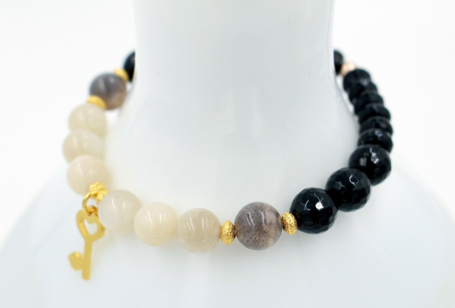 Pearly White MOONSTONE, Blue Flash Grey LABRADORITE & Black Onyx Beads ...