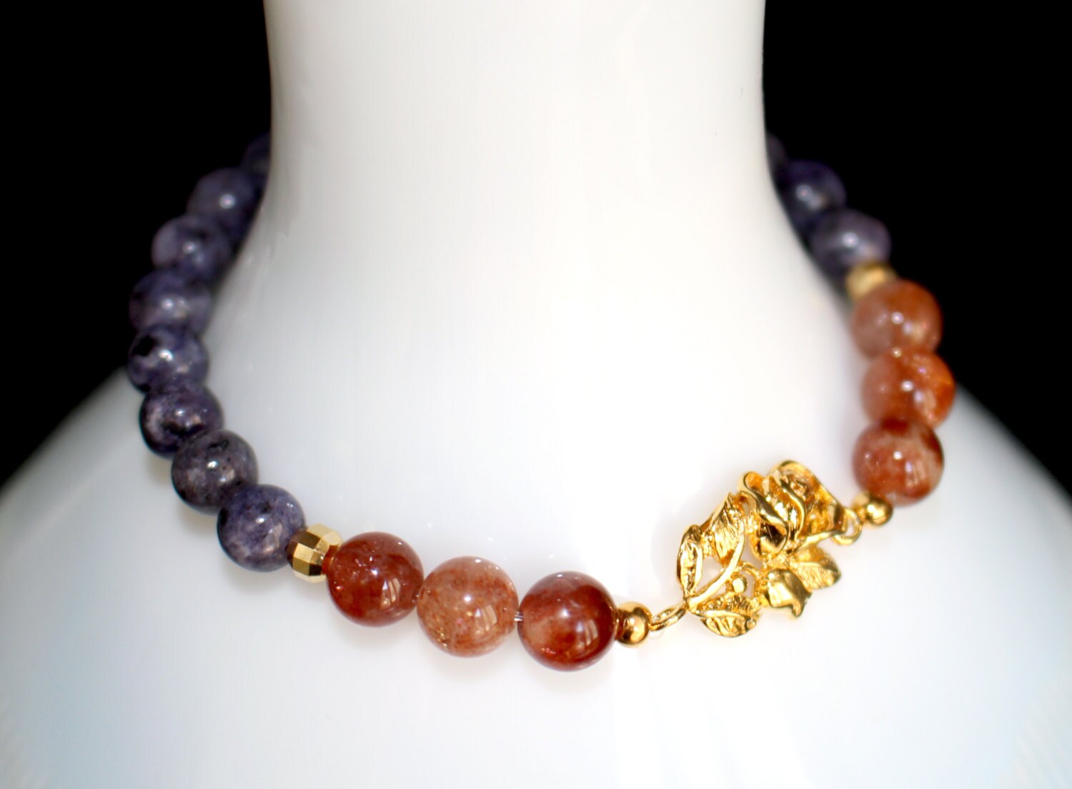 Purple Sesame JASPER, Peach SUNSTONE Gemstone W/ 14k Gold Vermeil ROSE ...
