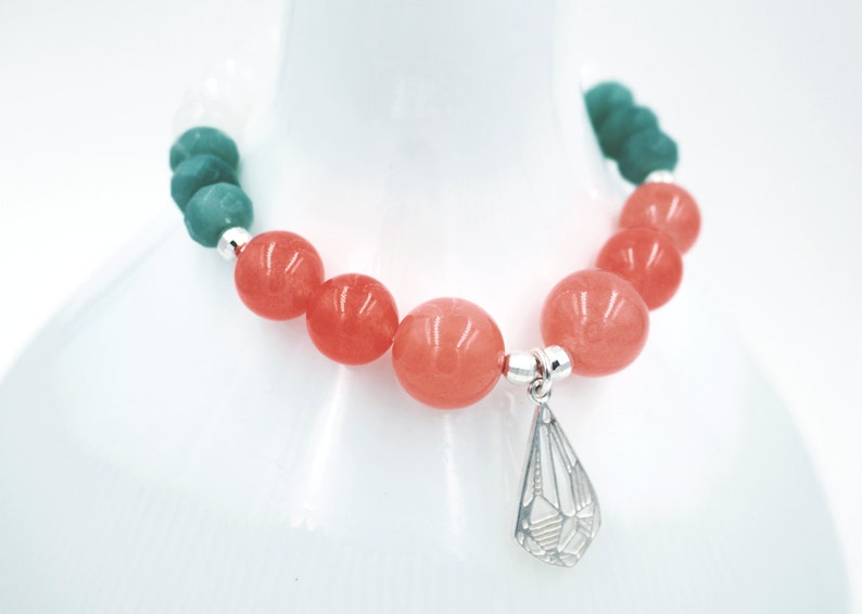 Pink Coral Watermelon, Aqua & White JADE Gemstone Beads W/ Sterling ...