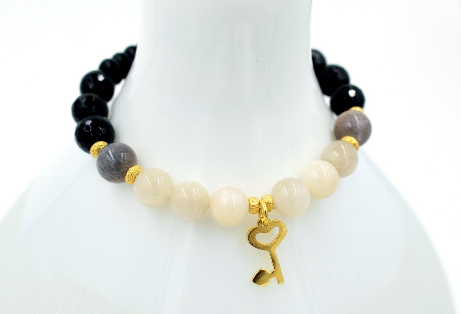 Pearly White MOONSTONE, Blue Flash Grey LABRADORITE & Black Onyx Beads ...