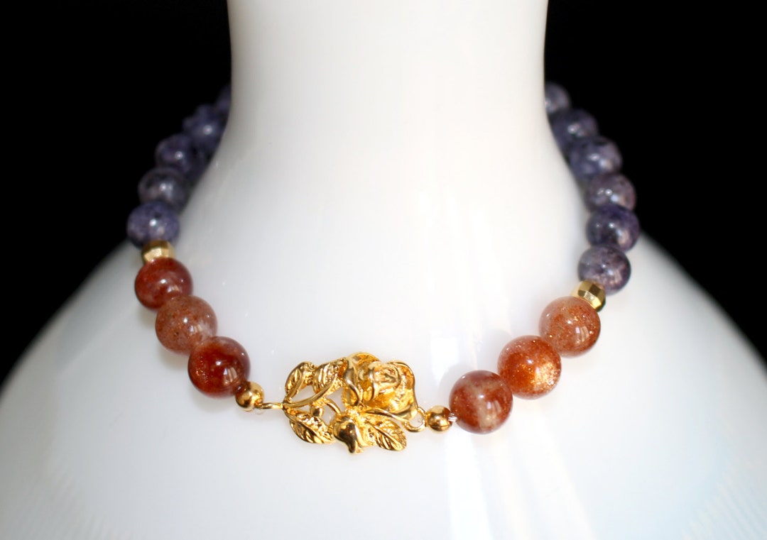 Purple Sesame JASPER, Peach SUNSTONE Gemstone W/ 14k Gold Vermeil ROSE ...