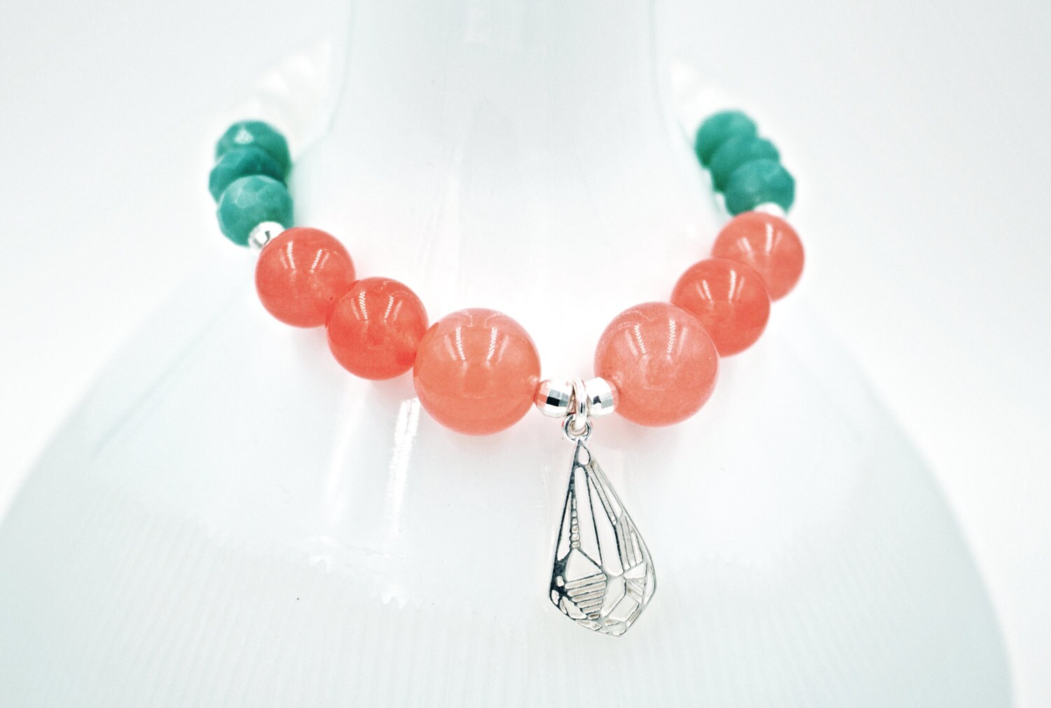 Pink Coral Watermelon, Aqua & White JADE Gemstone Beads W/ Sterling ...