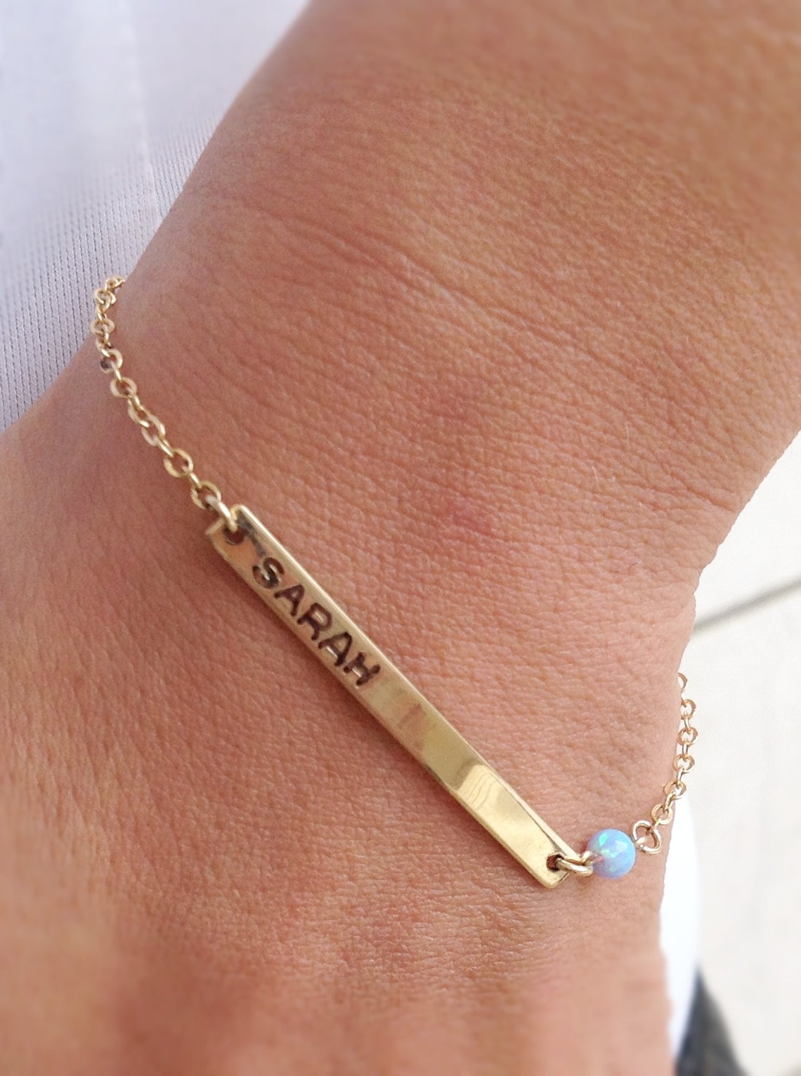 Personalized Bar Bracelet Gold Bar Bracelet and Opal Bead - Etsy