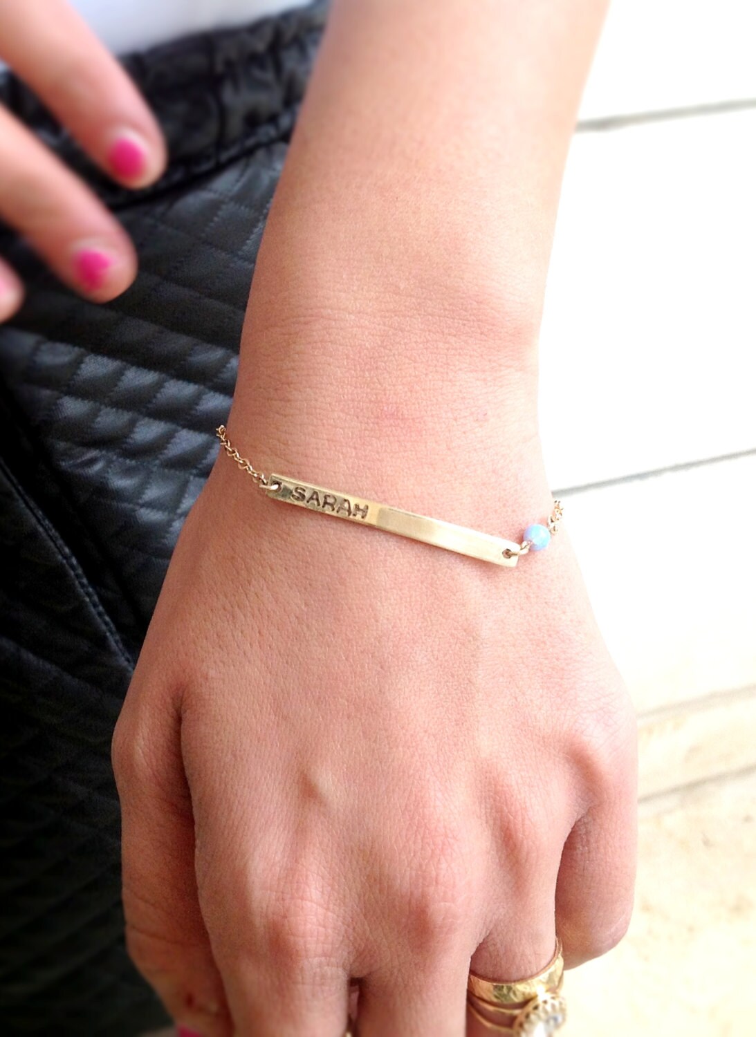 Personalized Bar Bracelet Gold Bar Bracelet and Opal Bead - Etsy